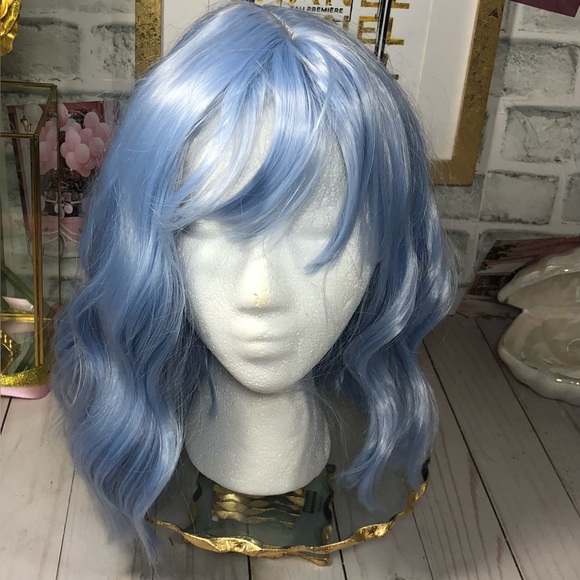Hair | Icy Light Blue Wig Wavy Bob Wbangs Hits Just Above The Shoulders ...